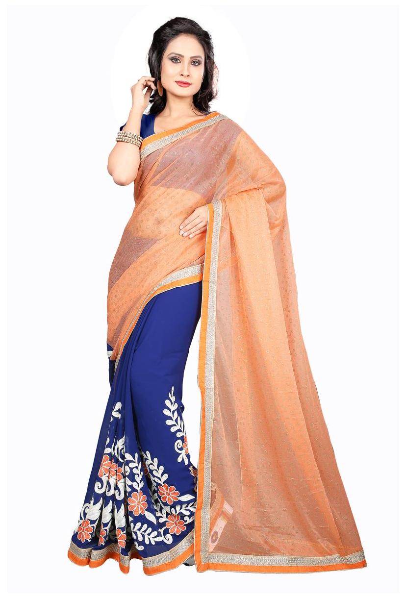 Buy ARSH IMPEX New Arrival Orange and Blue Georgette Embroidered Saree ...