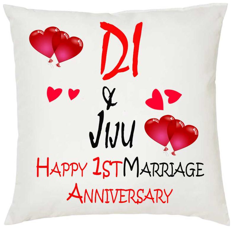 Buy Juvixbuy Di & Jiju Happy 1st Marriage Anniversary Printed White Cushion (12 inch x 12 inch ...